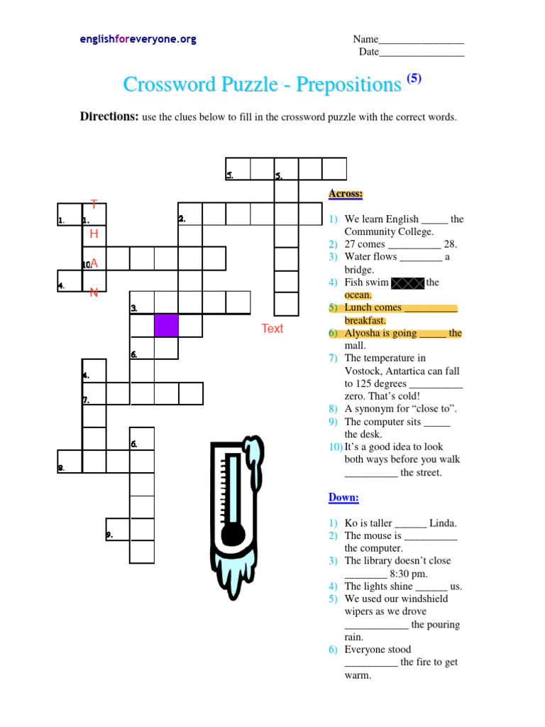 Crossword Puzzle - Prepositions | PDF | Puzzles | Word Puzzles