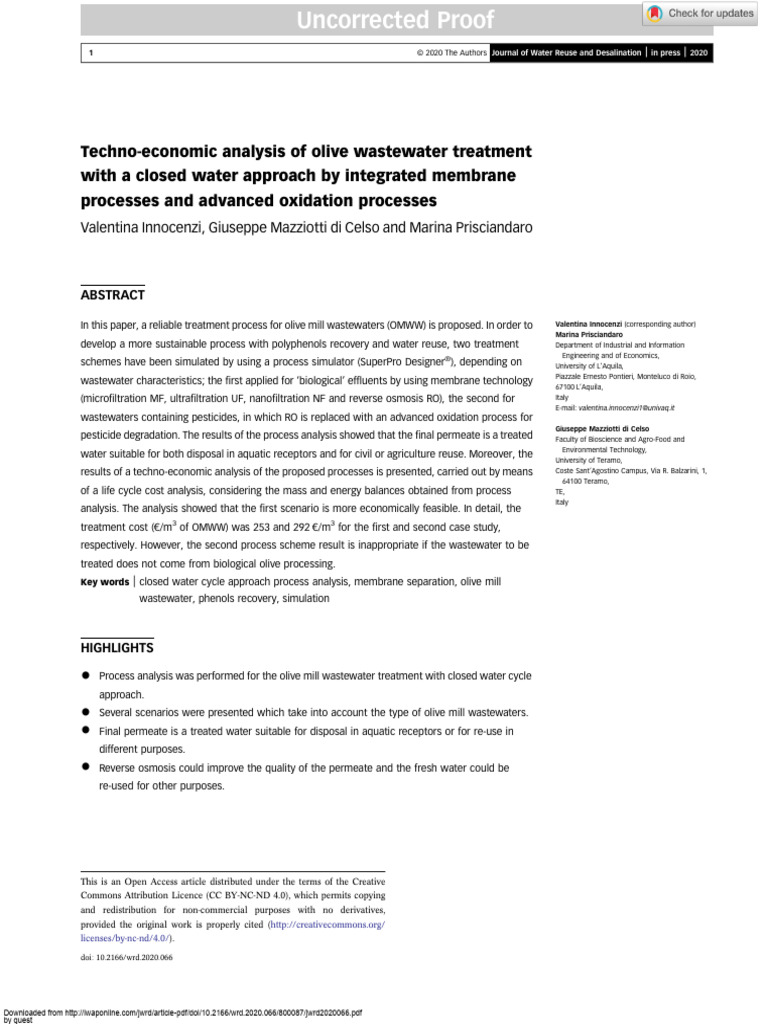 Techno-Economic Analysis of Olive Wastewater Treat | PDF | Membrane | Reclaimed Water