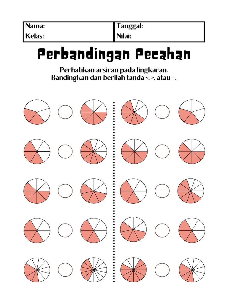 Lembar Kerja Matematika Merah Muda Simpel Perbandingan Pecahan PDF | PDF