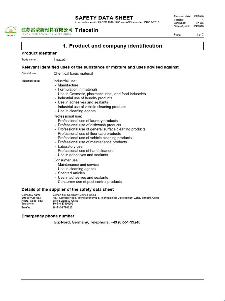 Triacetin SDS USA | PDF | Personal Protective Equipment | Water