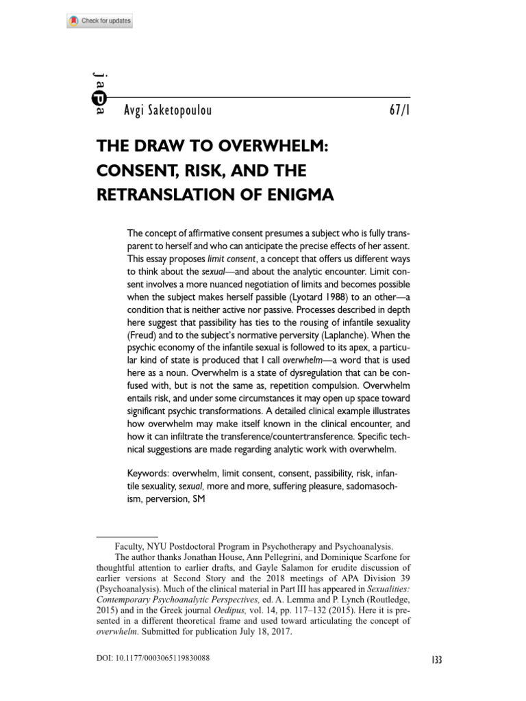 Avgi Saketopoulou – THE DRAW TO OVERWHELM_ CONSENT, RISK, AND THE RETRANSLATION OF ENIGMA | PDF ...