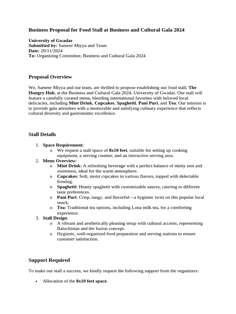 Business Proposal For Food Stall at Business Gala 2024 | PDF