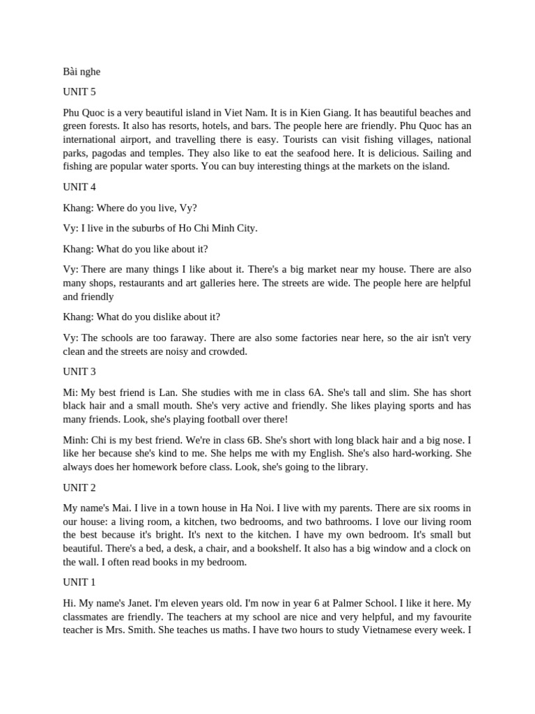 Bài Nghe Unit 1-5 - LOP 6 | PDF