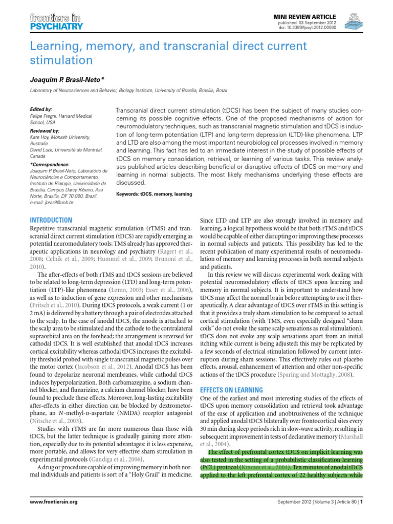 tDCS Effects on Memory and Learning | PDF | Prefrontal Cortex | Memory