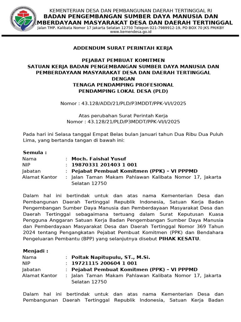 Addendum SPK Pendamping Desa 2025 | PDF