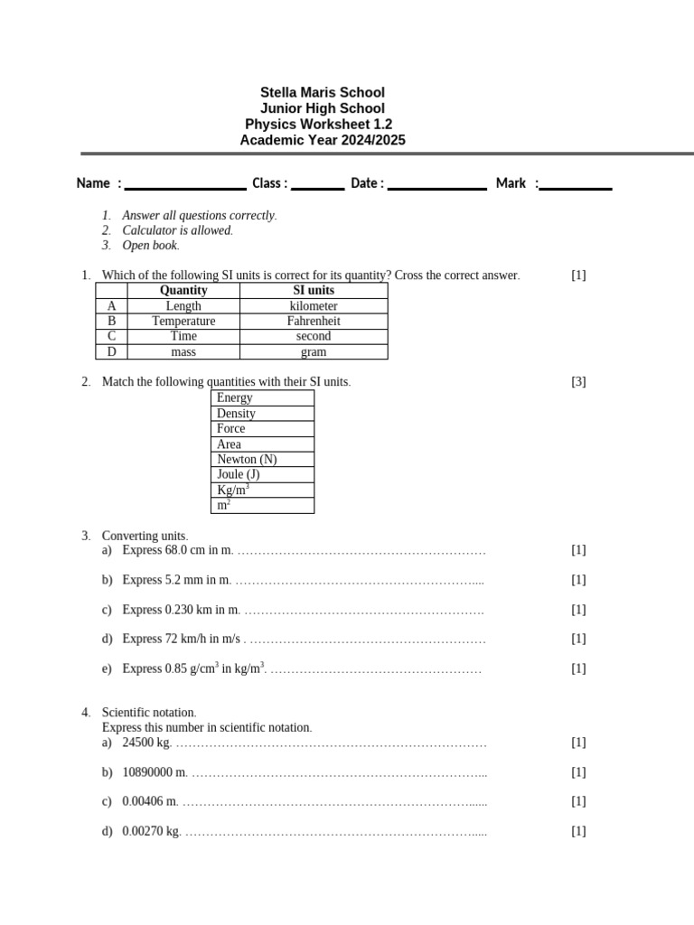 Junior High Physics Worksheet 1.2 | PDF | Density | Significant Figures