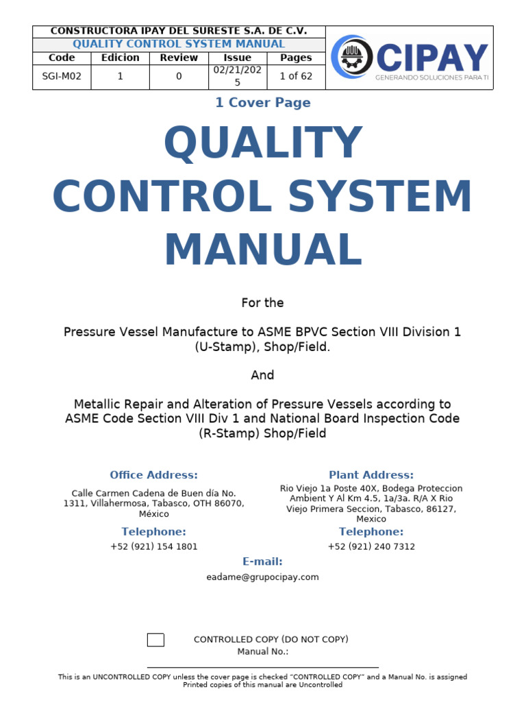 Quality Control Manual for Pressure Vessels | PDF | Nondestructive ...