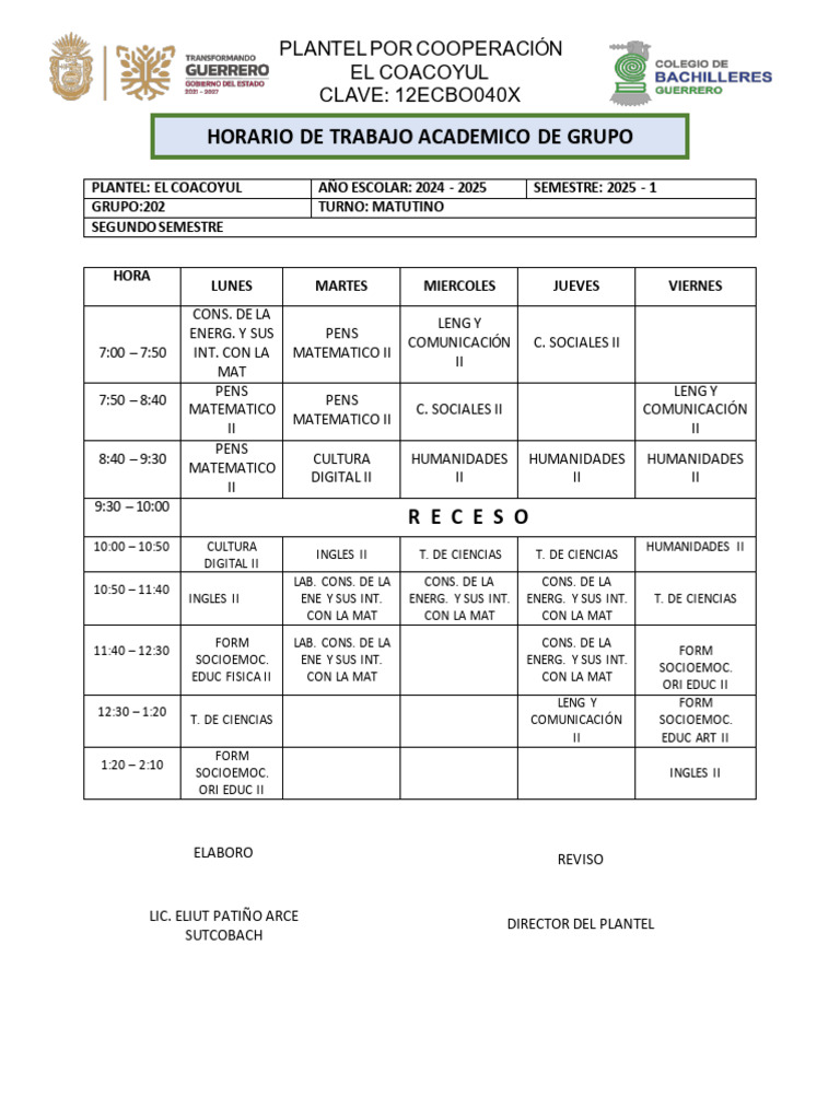 202 Plantel El Coacoyul Horarios Deldocente | PDF