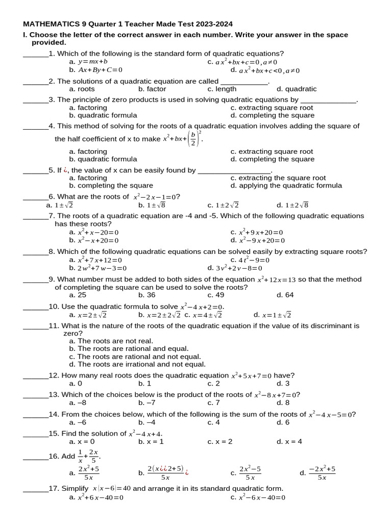 Grade 9 Math Test: Quadratic Equations | PDF | Algebra | Mathematics