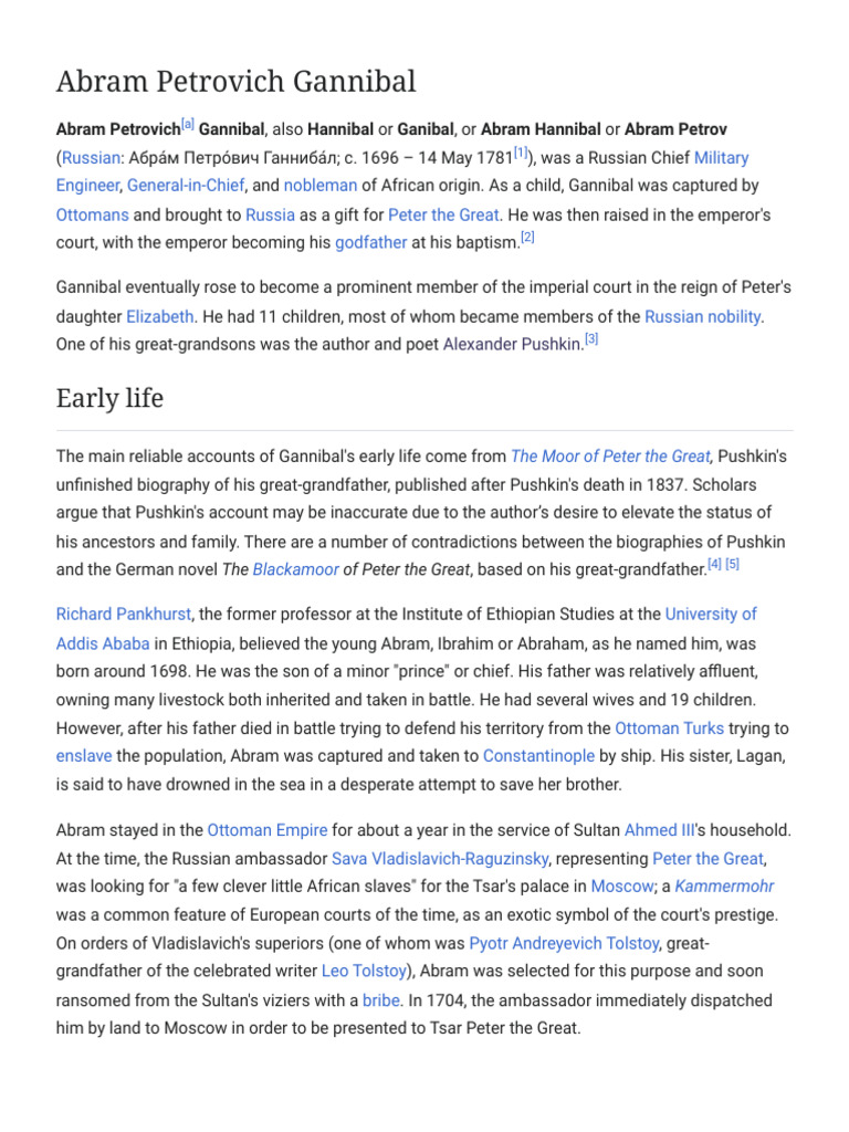 Abram Petrovich Gannibal - Wikipedia | PDF