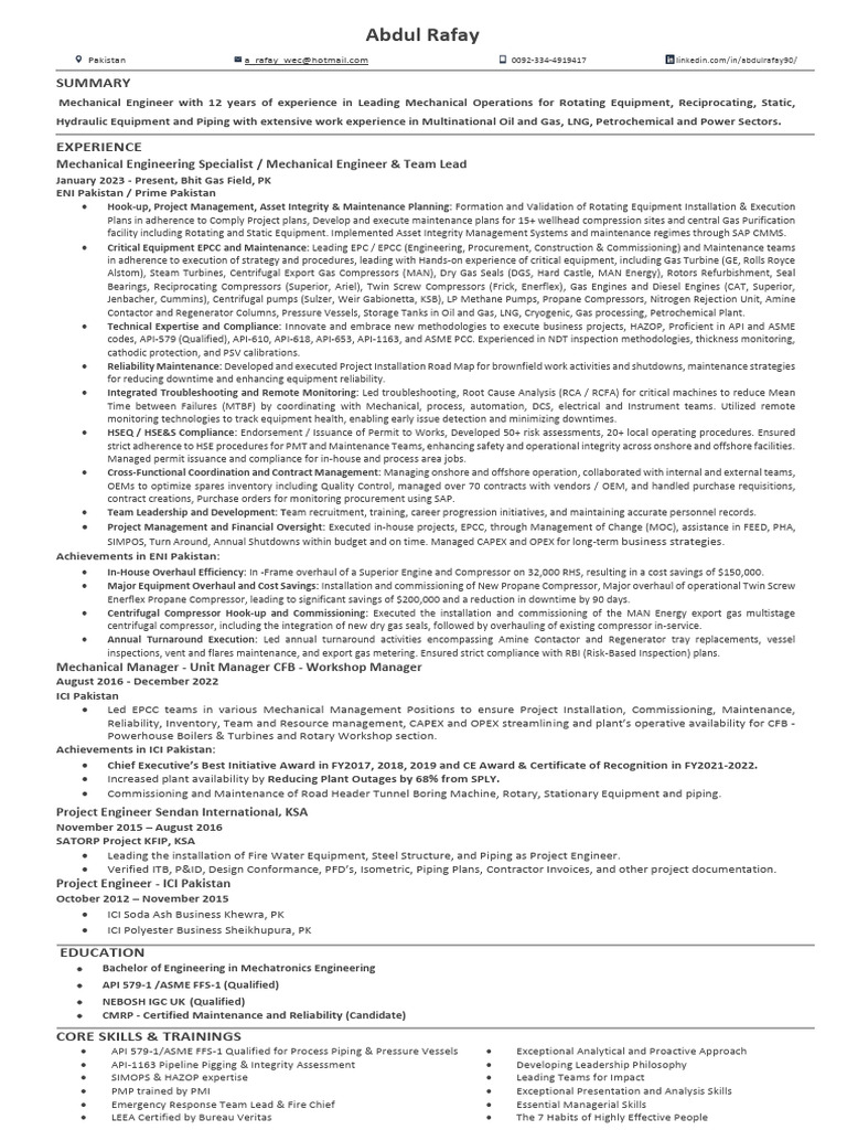 Mechanical Engineering Specialist - Team Lead Mechanical Abdul Rafay ...