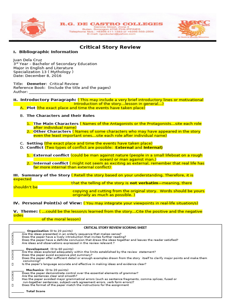 Critical Story Review Format and Criteria | PDF | Human Communication ...