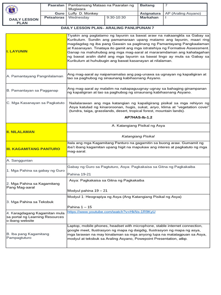ELEC01 GROUP 4 Daily Lesson Plan AP7 Araling Asyano | PDF