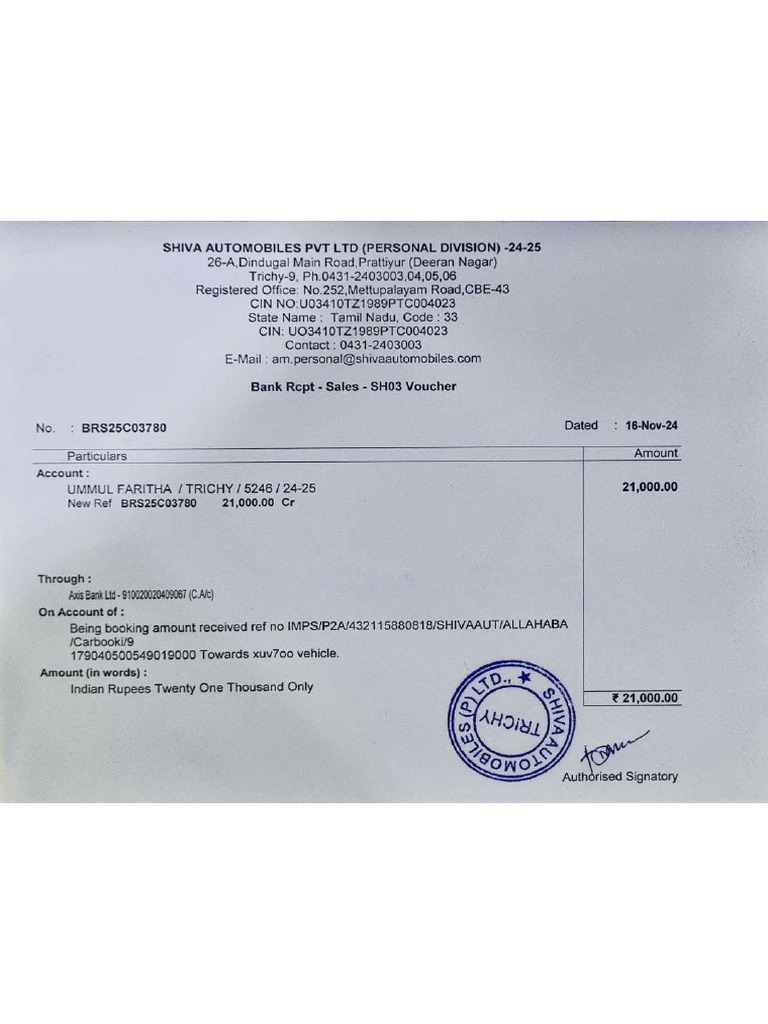 Car Advance Booking Amount Receipt | PDF