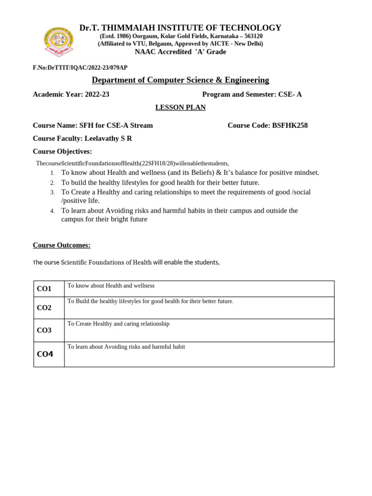 LESSON PLAN 2023 SFH 2B | PDF | Chronic Condition | Psychological Concepts