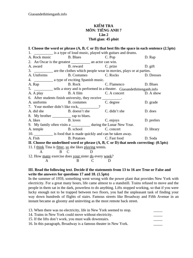 Bộ Đề Kiểm Tra Định Kỳ Ta7 Smart World Sw7_45p_2_hk1 - Copy | PDF