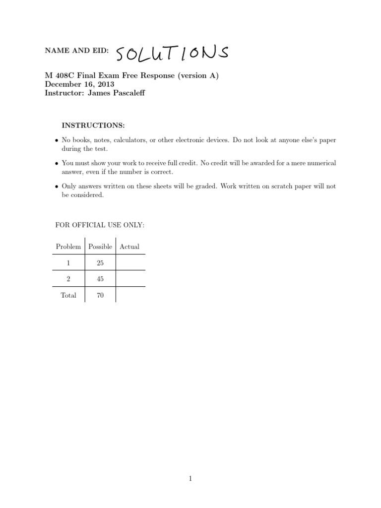 MATH203 M408C Final 2013fall Solutions | PDF