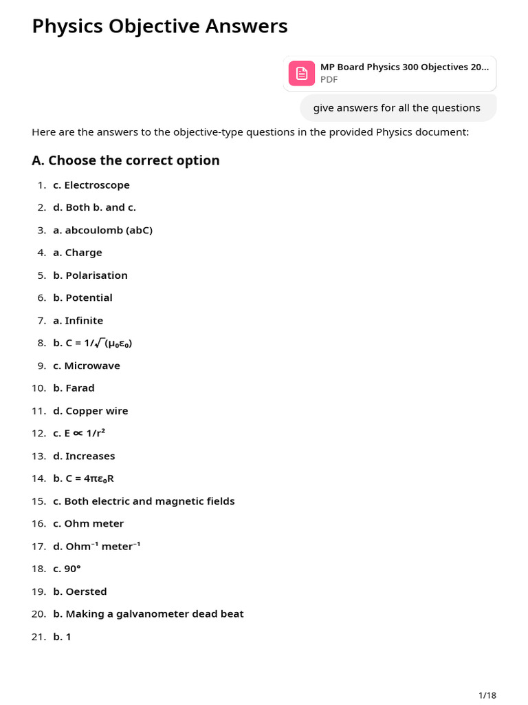 MP Board Physics Objective Answers | PDF | Electron | Electromagnetic ...
