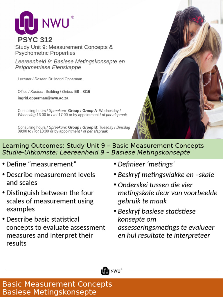 PSYC 312 Unit 9 - Leereenheid 9 Eng - Afr | PDF | Level Of Measurement | Validity (Statistics)