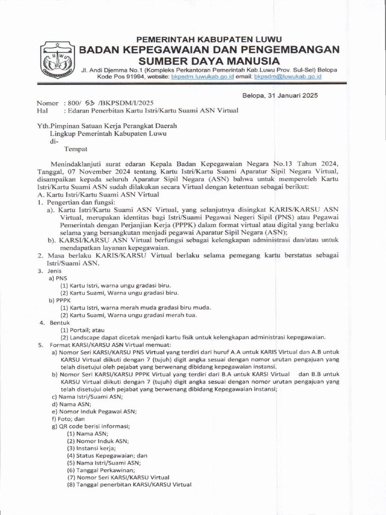 Edaran Penerbitan Kartu Istri Dan Kartu Suami ASN Virtual | PDF