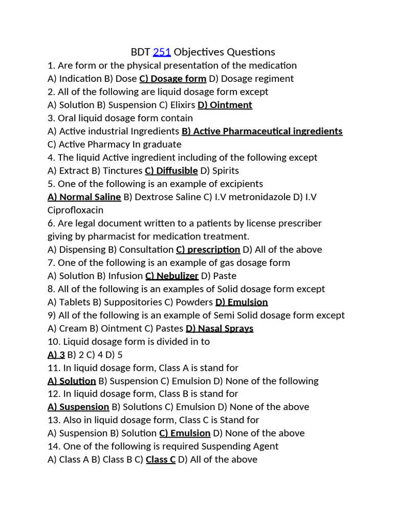 BDT 251 Objectives Questions | PDF | Water | Mixture