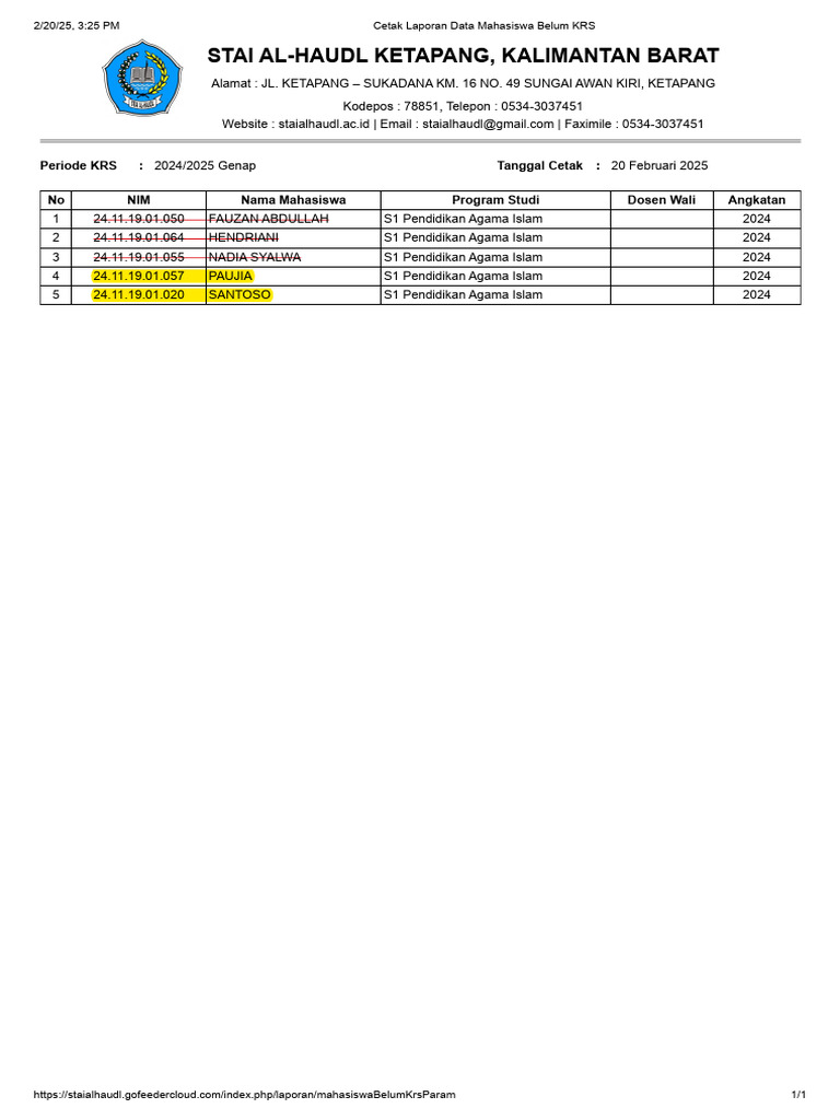 Cetak Laporan Data Mahasiswa Belum KRS Semester 2 Genap | PDF