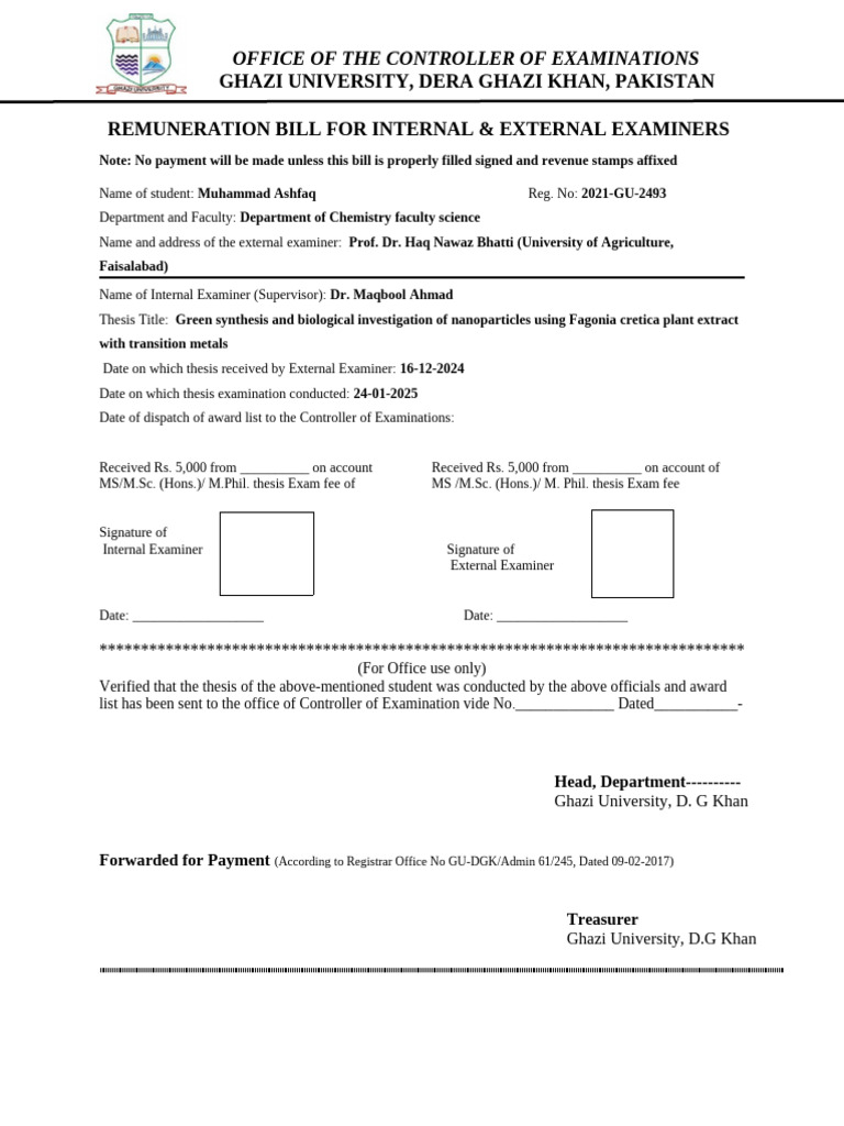Examiner Remuneration Bill Form | PDF