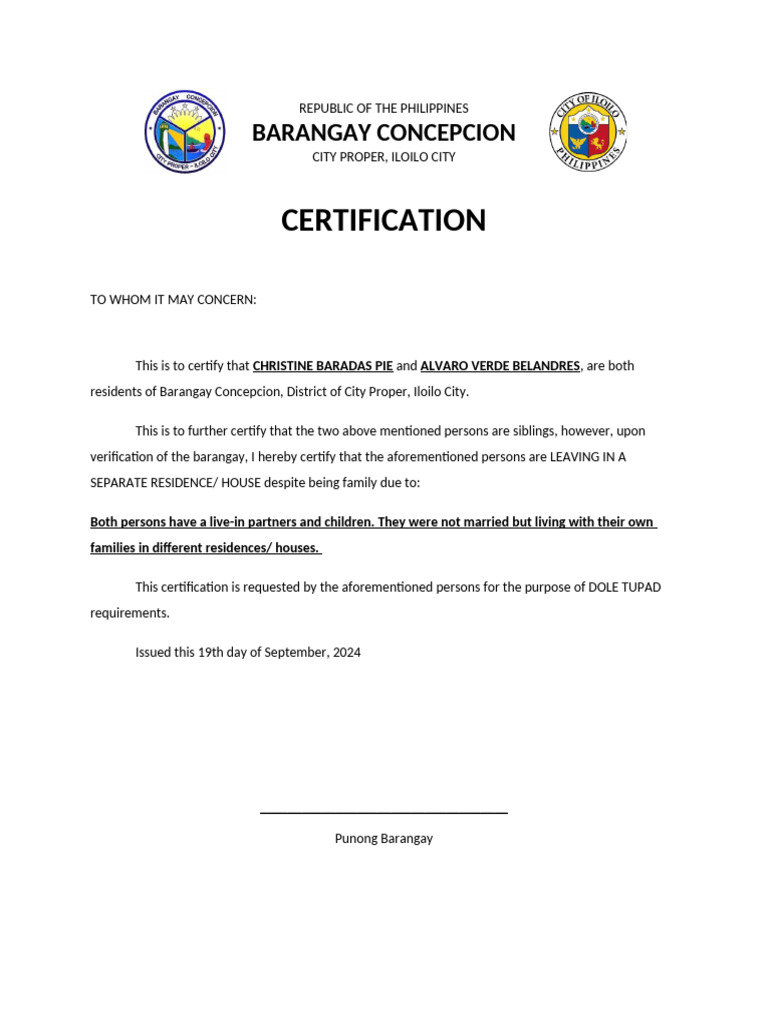 Barangay Certification Dole Tupad | PDF