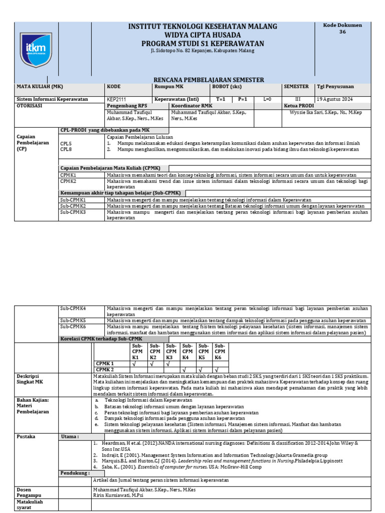 RPS Sistem Informasi Keperawatan SMT 3 Fix | PDF