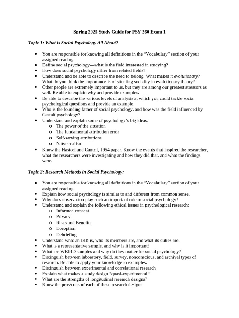 PSY 260 Exam 1 Study Guide: Social Psychology | PDF | Social Psychology ...