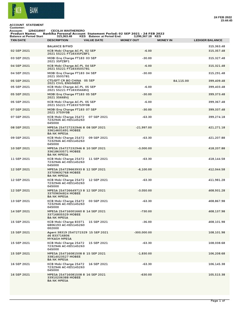 KCB BANK STATEMENT ANNAH | PDF | Financial Services | Banking