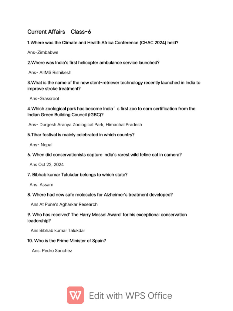 Current Affairs, Class 6th | PDF