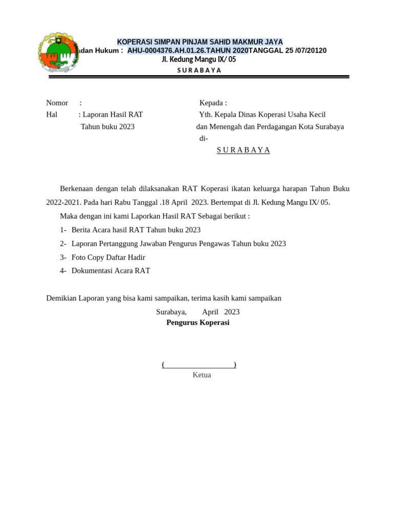 Surat Pengantar Laporan Hasil Rat Sahid Jaya Makmur | PDF