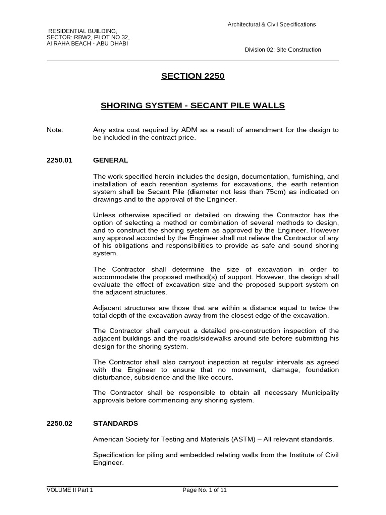 Sec 2250-Shoring System - Secant Pile | PDF | Deep Foundation | Concrete