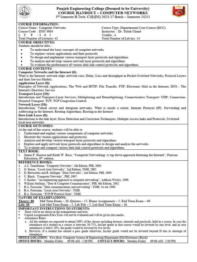 Course Handout - CN - B.Tech. CSE (DS) - 24251 Sem | PDF | Computer Network | Communications ...