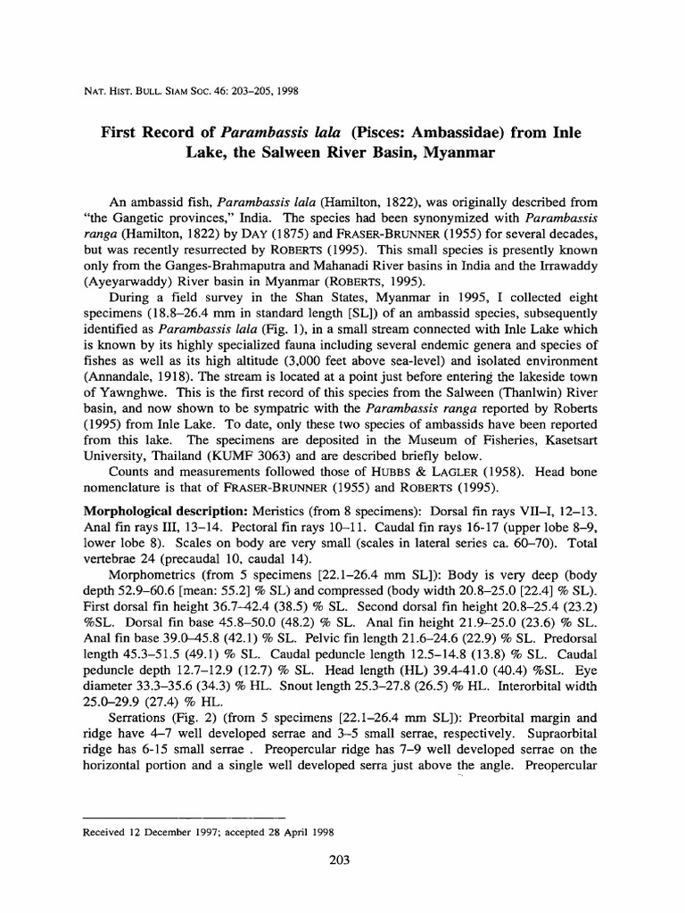 First Record of Parambassis Lala From Inle Lake, The Salween River ...
