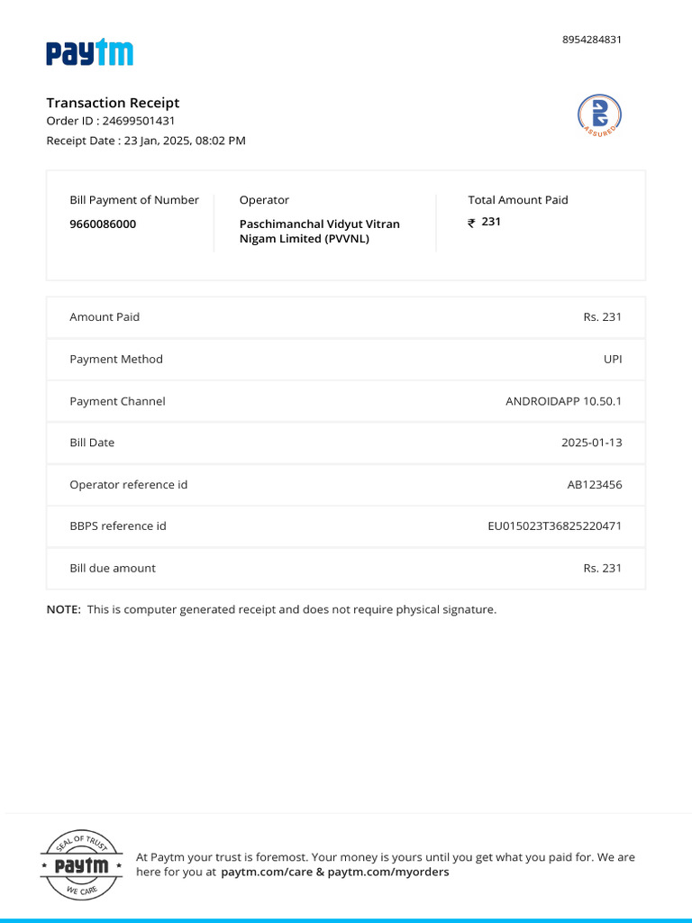 PVVNL Bill Payment Receipt - Jan 2025 | PDF