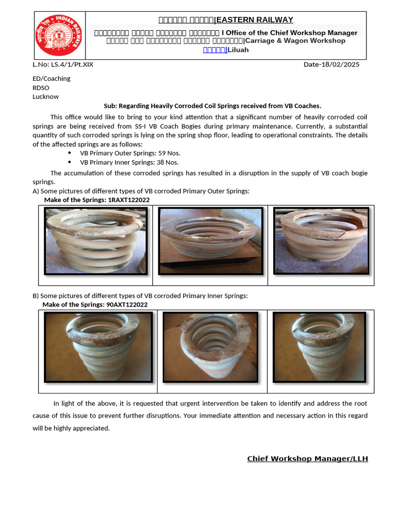 Receipt of Heavily Corroded Coil Springs From VB Coaches. | PDF