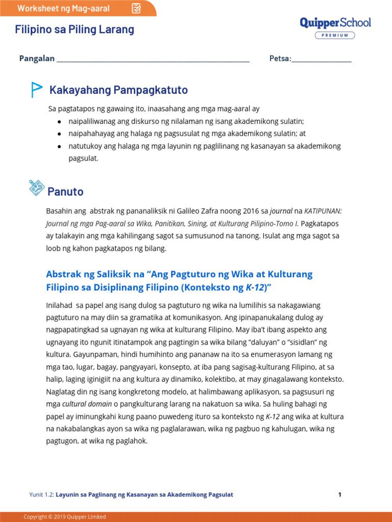 AW2 - FPL 11 - 12 Q1 0102 - Layunin Sa Paglinang NG Kasanayan Sa Akademikong Pagsulat | PDF
