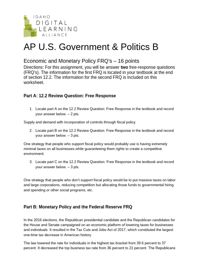Economic Policy FRQs for AP Government | PDF | Fiscal Policy | Taxes