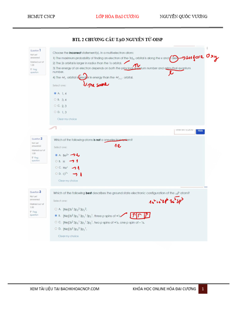BTL 2 CHƯƠNG CẤU TẠO NGUYÊN TỬ-OISP | PDF
