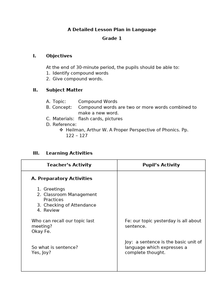 Grade 1 Lesson Plan: Compound Words | PDF | Lesson Plan
