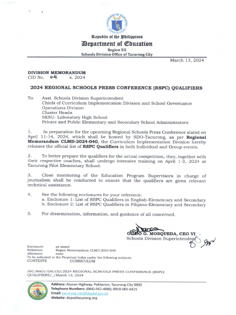 DM CID No. 041 S. 2024 2024 Regional Schools Press Conference RSPC Qualifiers | PDF