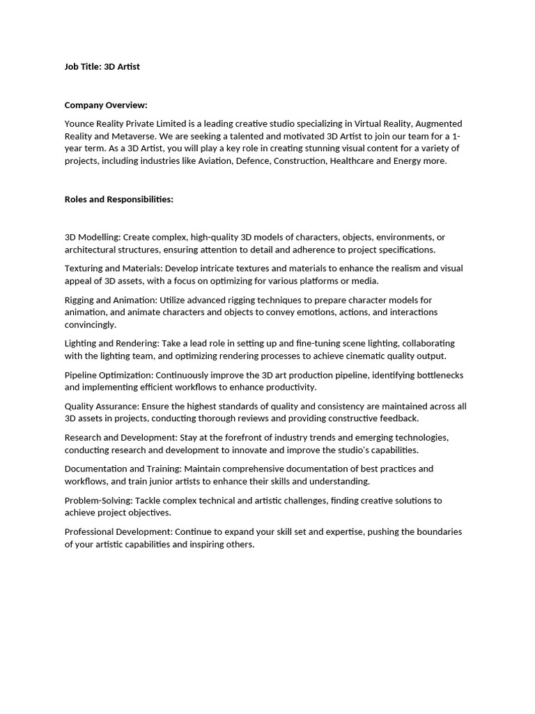 3D Artist Job Description at Younce Reality | PDF | 3 D Computer ...