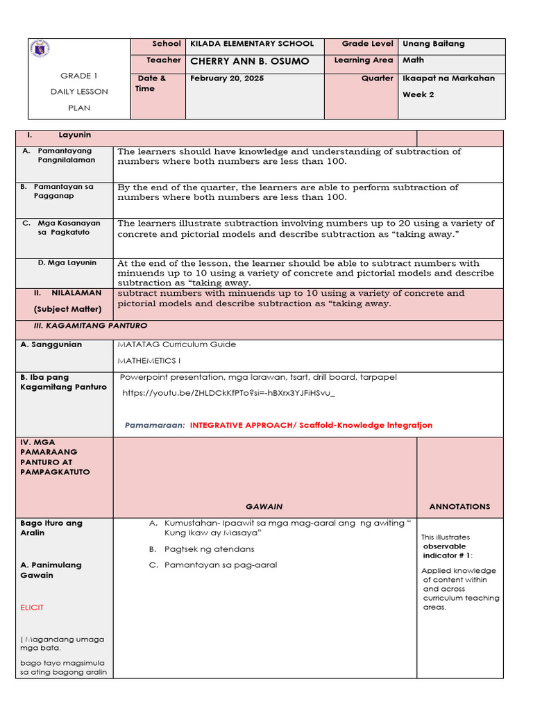 Cot Math Subtraction For Team Pdf