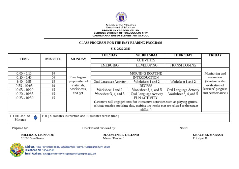 CLASS PROGRAM FOR THE EoSY READING PROGRAM | PDF | Teaching | Cognition