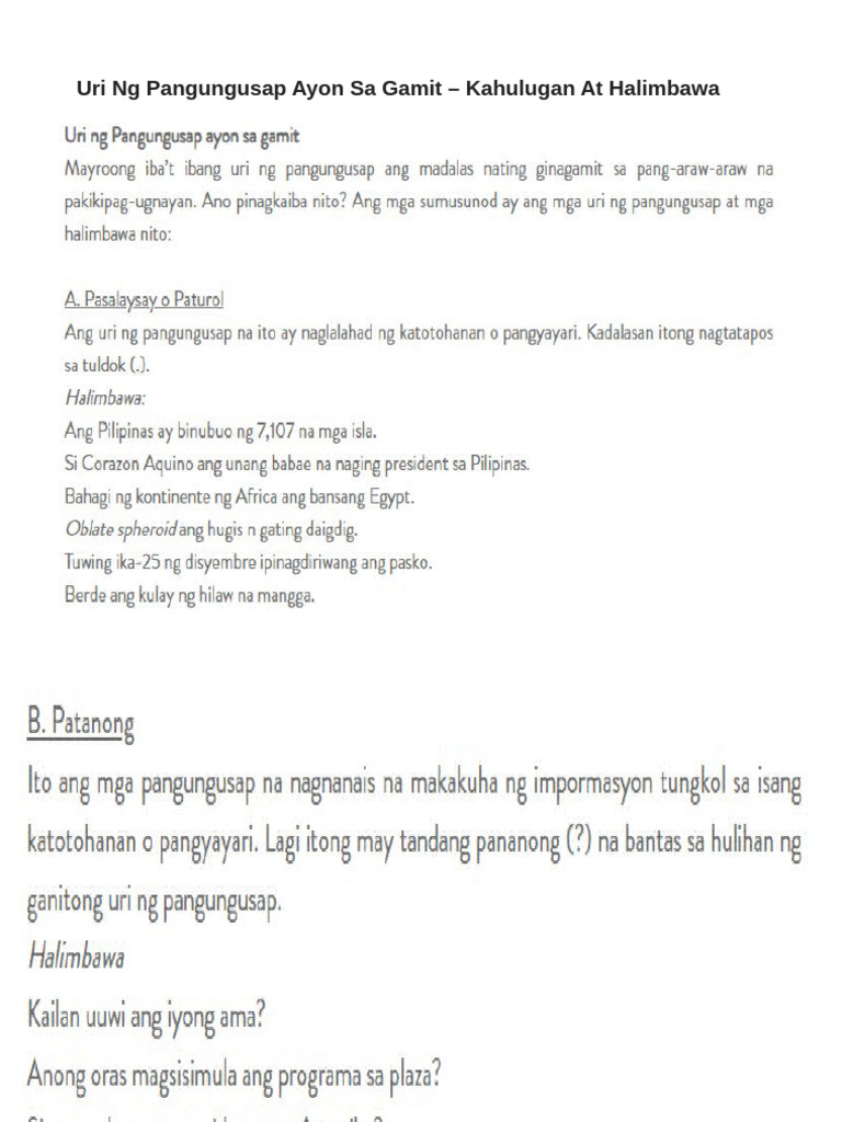 Uri NG Pangungusap Ayon Sa Gamit | PDF