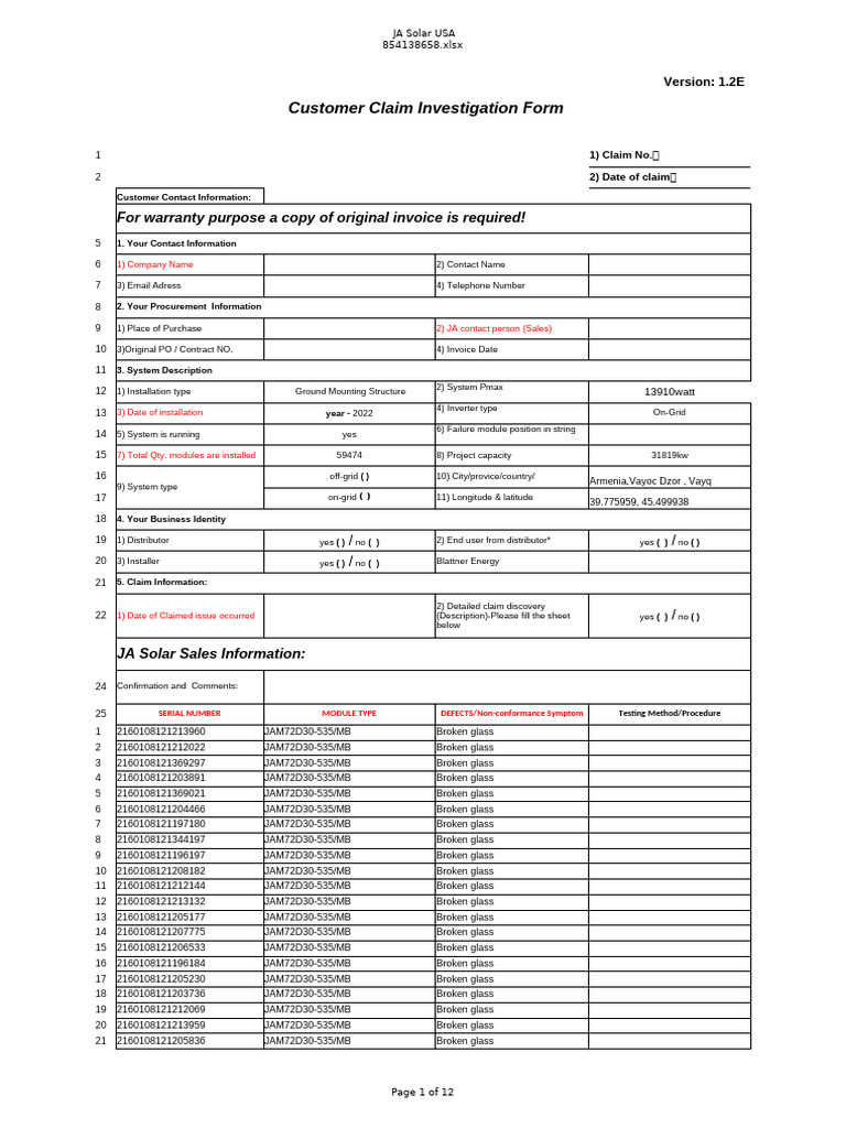 Customer Claim Investigation Form EcoVille LLC Armenia | PDF