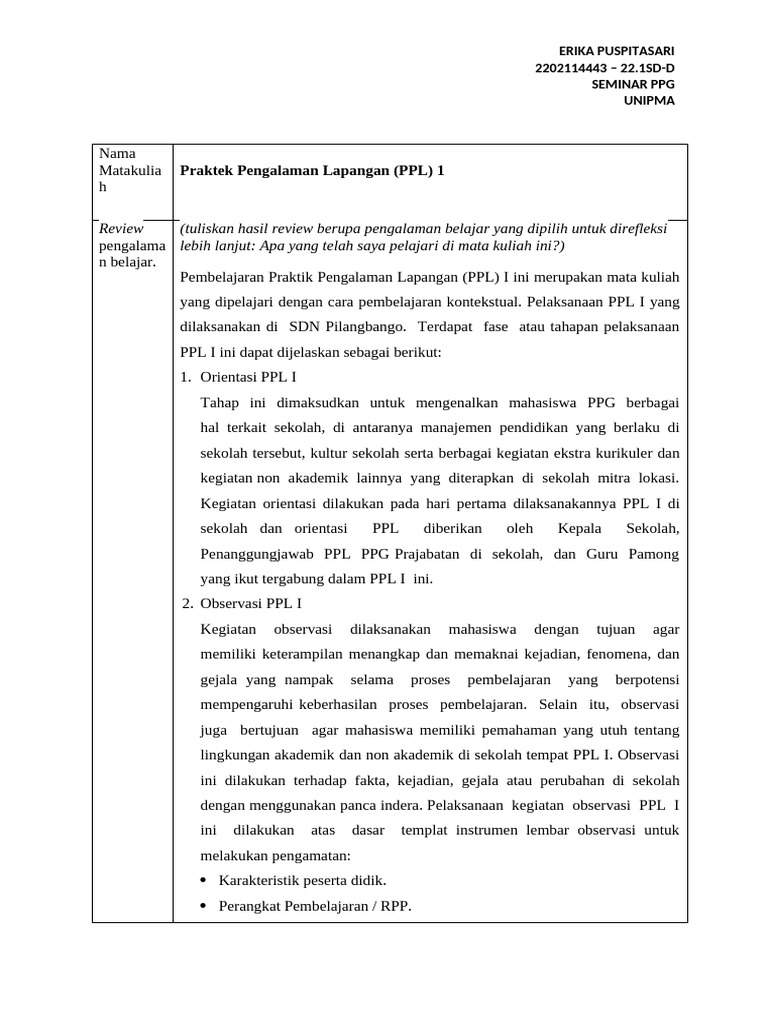 Pengalaman Belajar PPL I di SDN Pilangbango | PDF