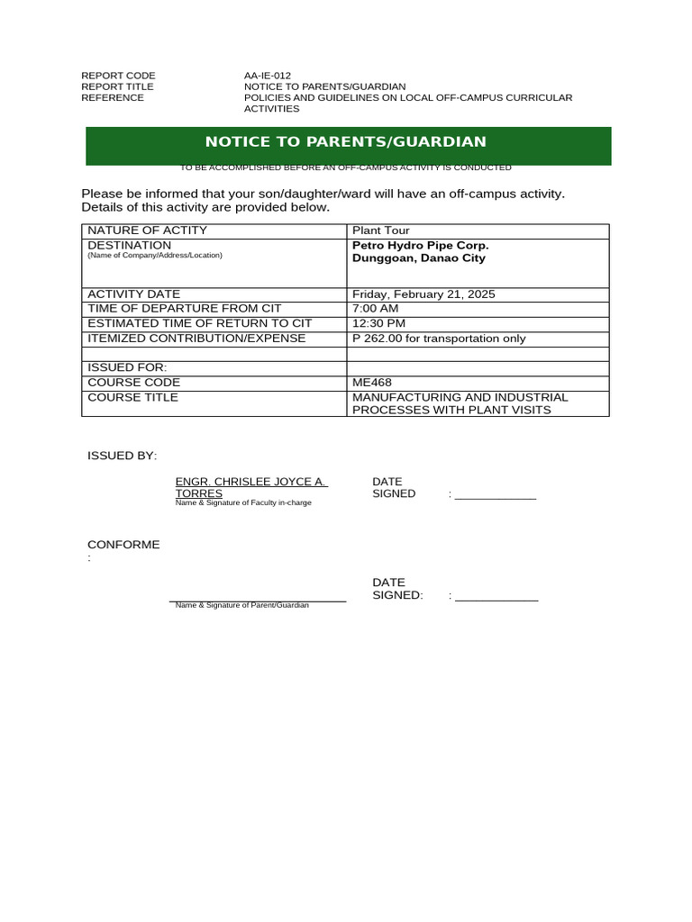 Form No. 012 - Notice To Parents | PDF